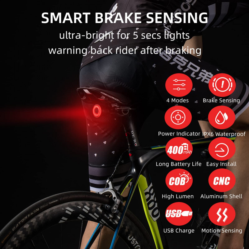 Smart Bike Tail Light - USB Rechargeable Brake Sensing LED Rear Light
